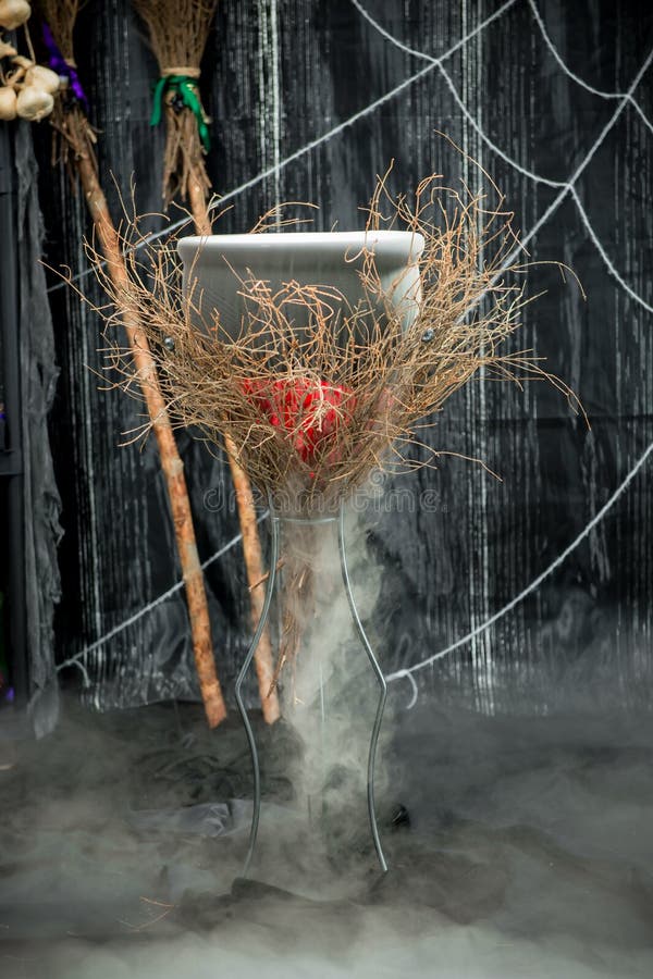 A Boiling Potion in the Witch`s Cauldron in a Dark Room with Mag Stock ...