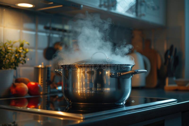 A Pot is Boiling on a Stovetop, Releasing Steam into the Air Stock ...