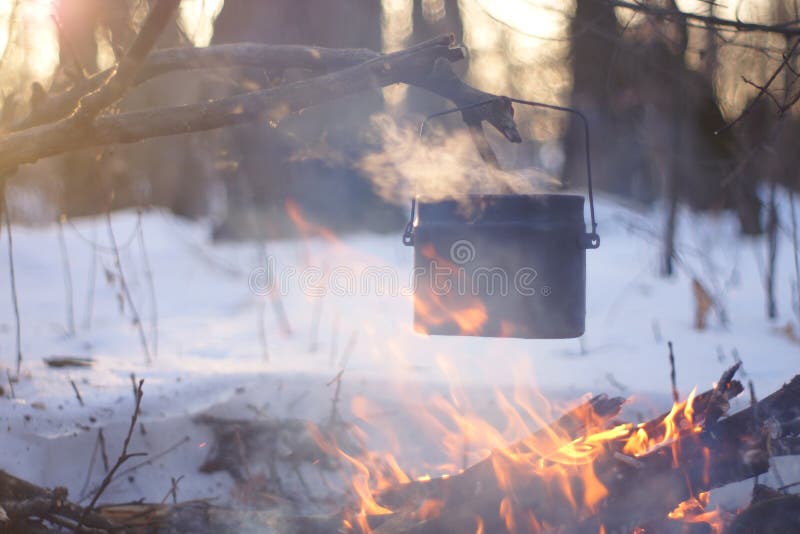 A Pot of Boiling Water on the Fire Warms in the Winter Forest, Stock ...