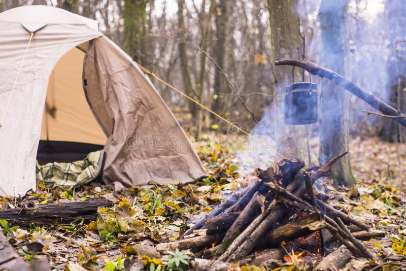 Pot of Boiling Water Heated on the Fire in the Camp Stock Image - Image ...