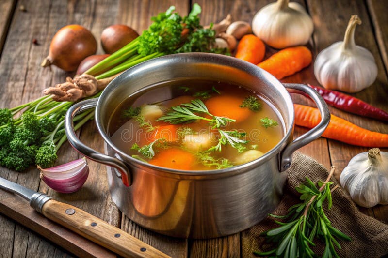 Pot with Broth. Old Pot with Fresh Broth Stock Illustration ...