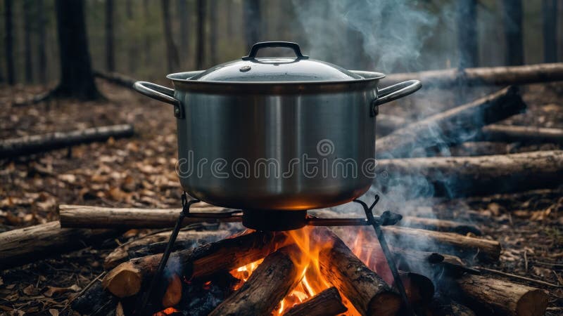 A Pot on a Campfire in a Forest Setting, Creating Smoke and Heat for ...