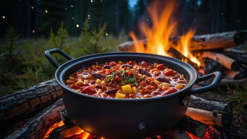A Pot of Chili Cooking Over a Campfire in a Forest Setting Stock ...