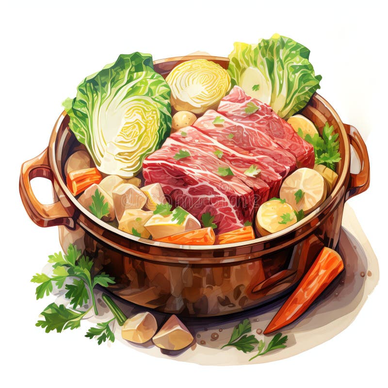 A Pot of Corned Beef and Cabbage Watercolor Stock Illustration ...