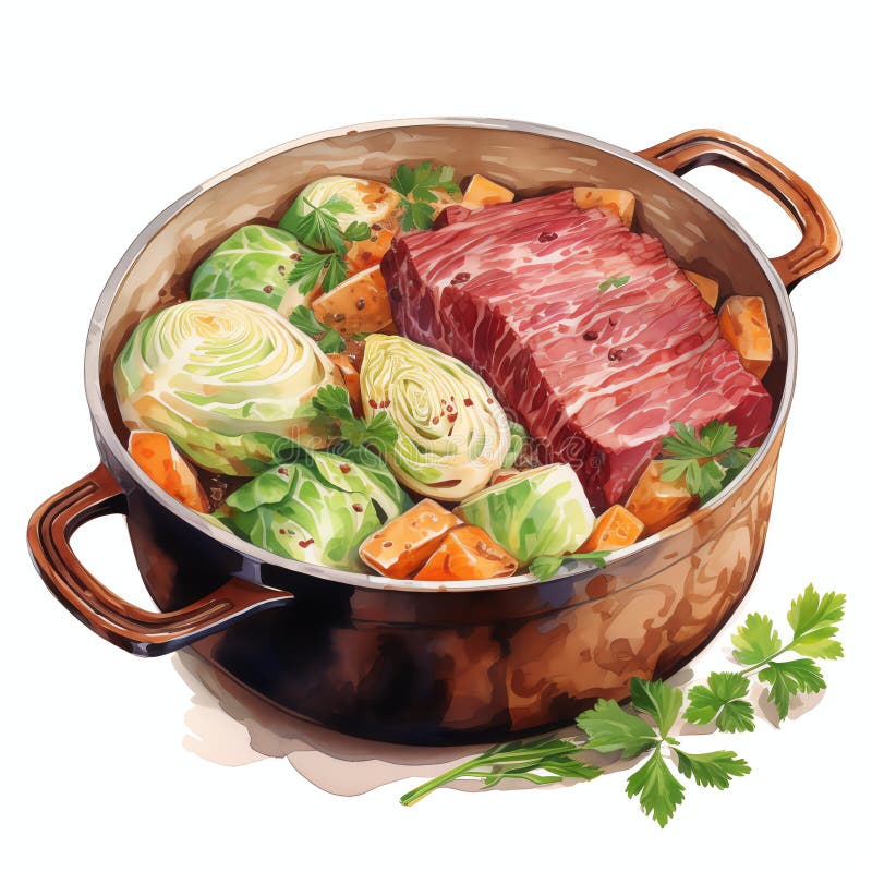 A Pot of Corned Beef and Cabbage Watercolor Stock Illustration ...