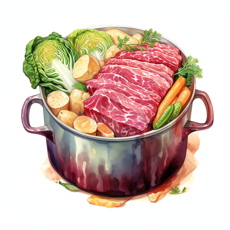 A Pot of Corned Beef and Cabbage Watercolor Stock Illustration ...