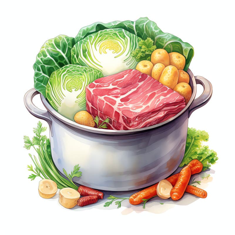 A Pot of Corned Beef and Cabbage Watercolor Stock Illustration ...