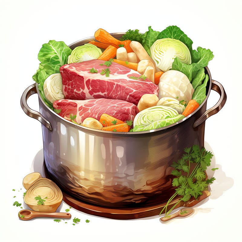 A Pot of Corned Beef and Cabbage Watercolor Stock Illustration ...