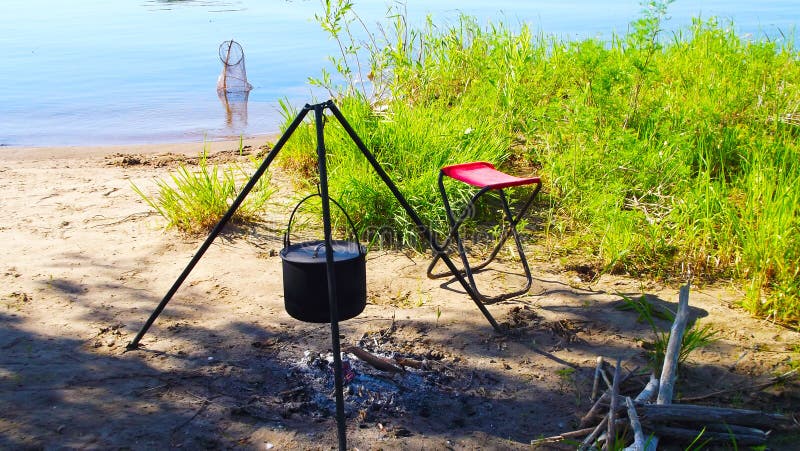 The pot on the fire. stock image. Image of summer, campfire - 119936917