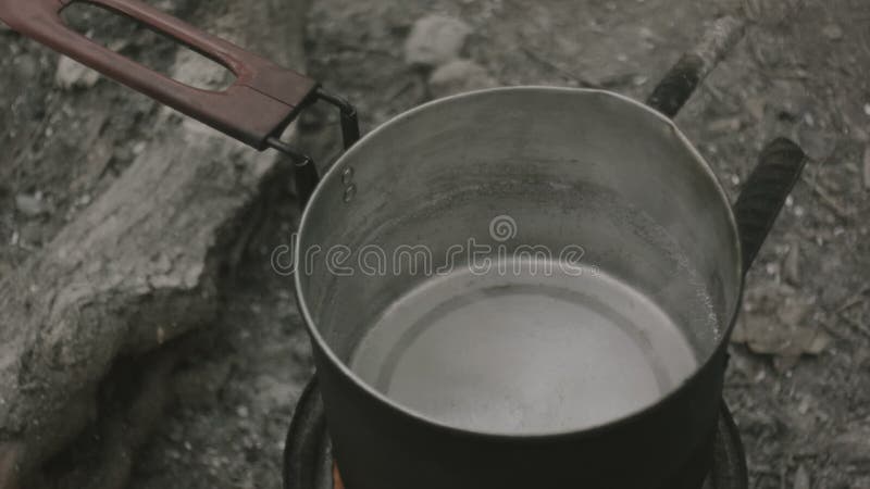 A Pot on a Fire, the Water is Boiling Stock Video - Video of night ...