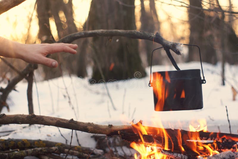 A Pot in the Fire, Water is Heated in the Winter Forest Stock Photo ...