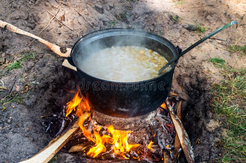 Pot with Food is Cooked on an Open Fire Stock Image - Image of chicken ...