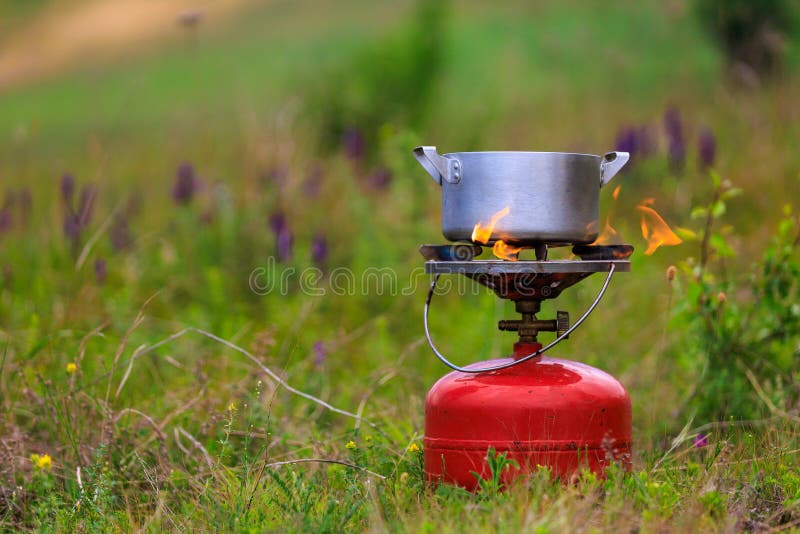 Pot on a Gas Burner in Field Conditions. Background with Copy Space ...