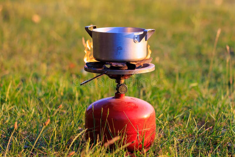 Pot on a Gas Burner in Field Conditions. Background with Copy Space ...