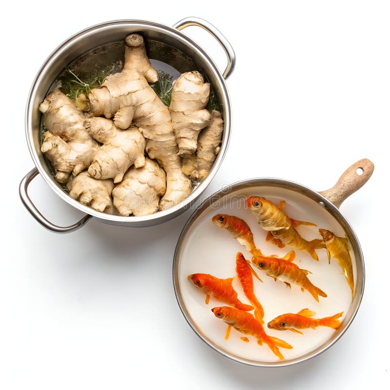 Pot of Ginger and Pot of Goldfish Isolated on White Stock Illustration ...