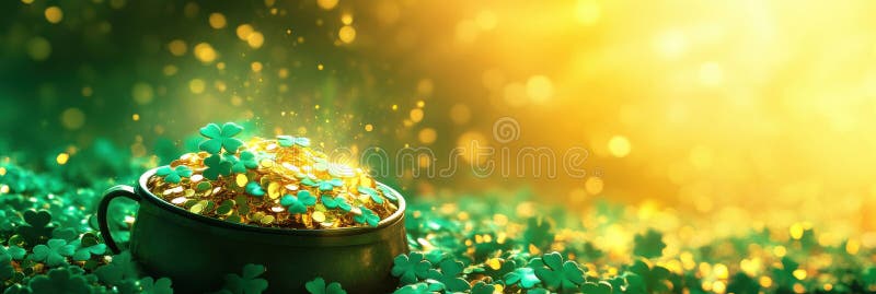Pot of Gold with Clover Leaves in Sunlit Field Representing Luck and ...