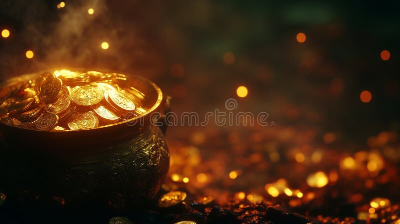 Pot of Gold Coins with Glowing Light in Background. Stock Photo - Image ...