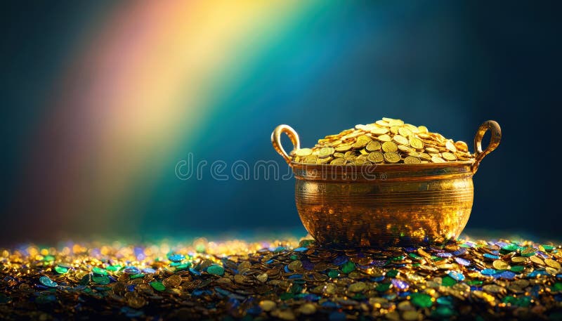 Pot of Gold Filled with Coins at End of Vibrant Rainbow, Symbolizing ...