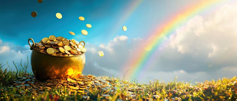 Pot Gold Overflowing Coins Under Rainbow Blue Sky Stock Photos - Free ...