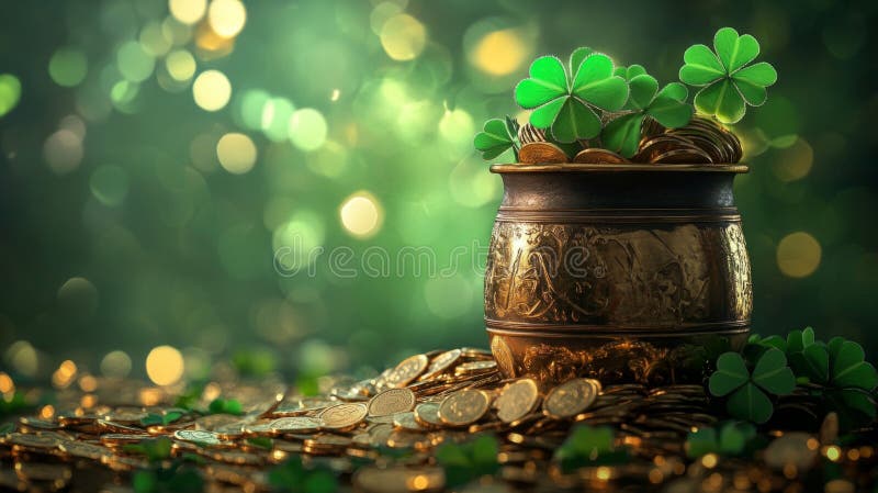 Pot of Gold and Shamrocks on a Pile of Coins Stock Illustration ...