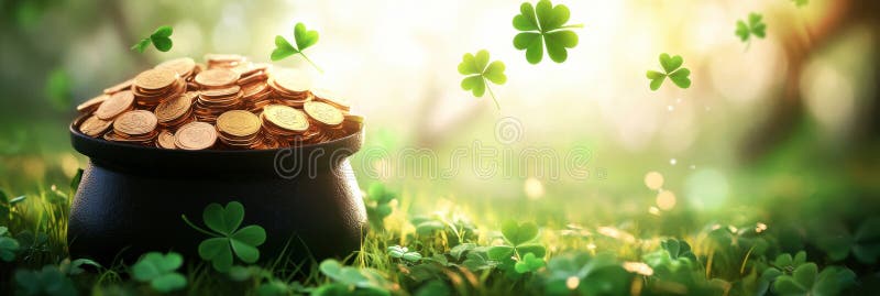 Pot of Gold with Shamrocks in Sunlit Meadow Celebrating Irish Folklore ...