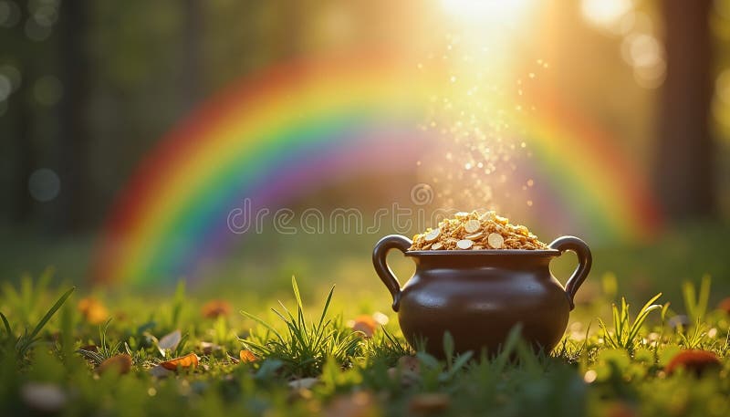Pot of Gold Under Rainbow in Sunny Meadow, Symbolizing St. Patricks Day ...