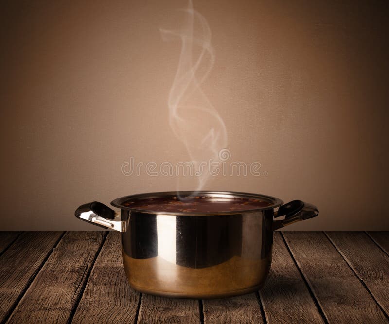 Pot on old wooden table stock photo. Image of steam, kitchenware - 38037138
