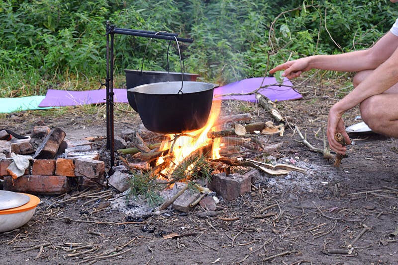 Bonfire with a Pot in Which Preparing Dinner Outdoors Stock Image ...