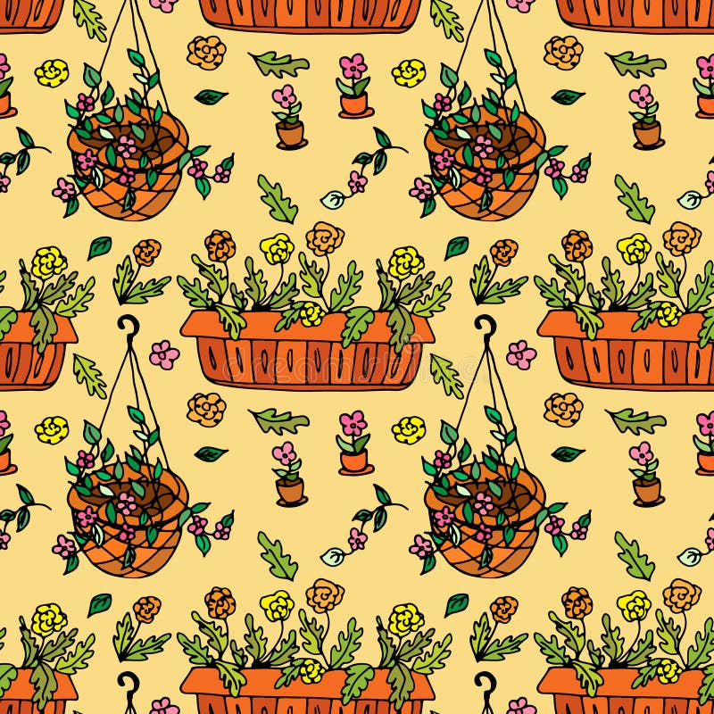 Pot Plants Seamless Pattern, Hand-drawn Design Elements Stock Vector ...