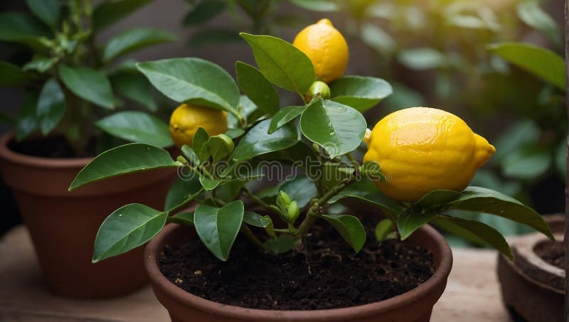 A Pot with a Small Lemon Plant on the Terrace Stock Illustration ...