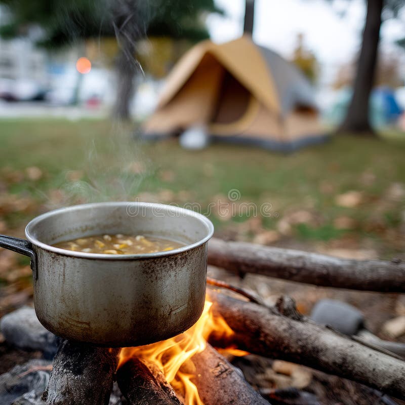 Pot Soup Boiling Over Campfire Tent Background Stock Photos - Free ...