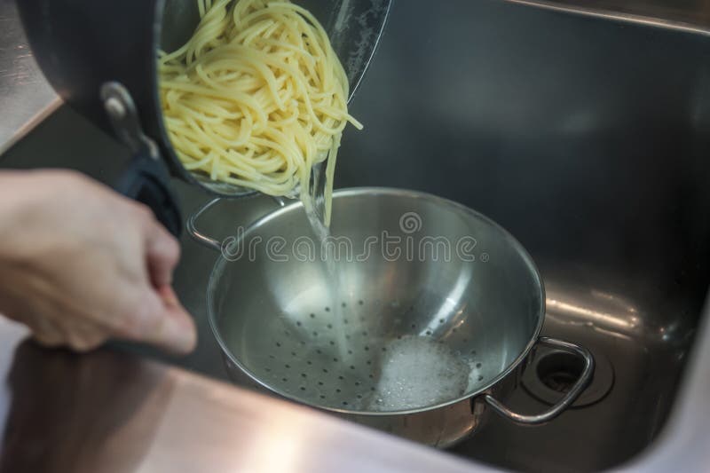 Pot with Spaghetti during the Operation of the Water Draining Co Stock ...