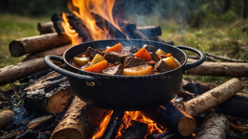 A Pot of Stew Cooking Over an Open Fire Surrounded by Logs in a Natural ...