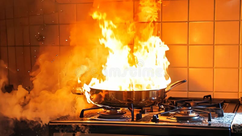 A Frying Pan on a Stove with Flames Coming Out of it Stock Video ...