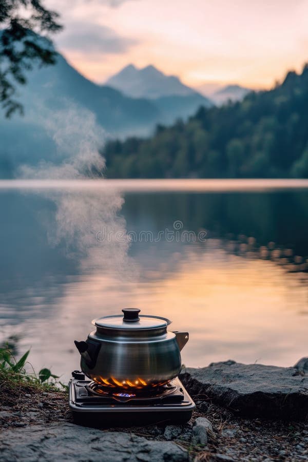 Pot on Stove by Lake stock photo. Image of nature, picnic - 377396754