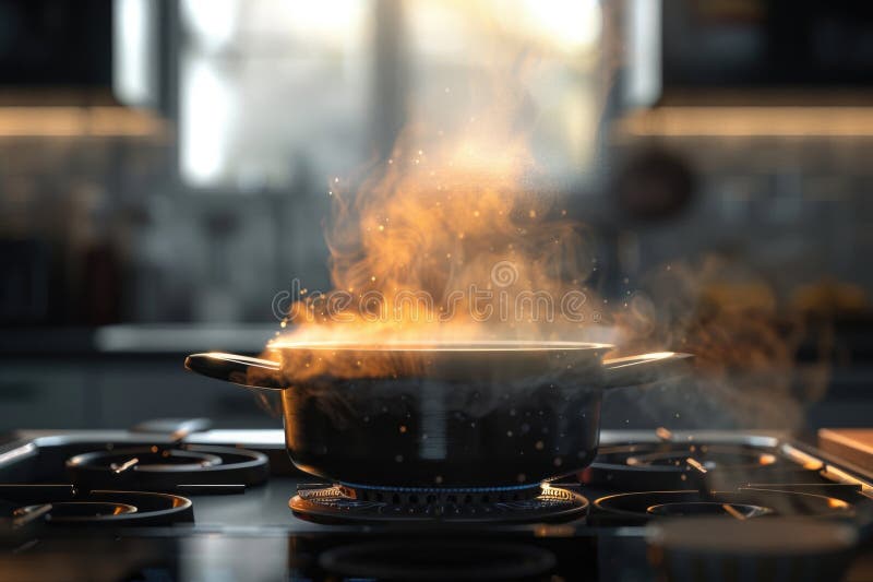 A Pot on a Stove with Steam Rising from the Contents Stock Photo ...