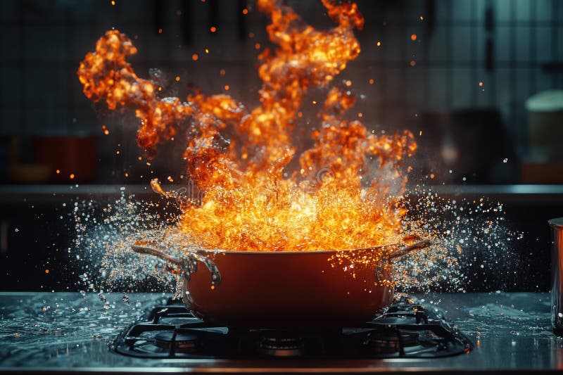A Pot is on a Stovetop with Flames Burning from the Burner Stock Image ...