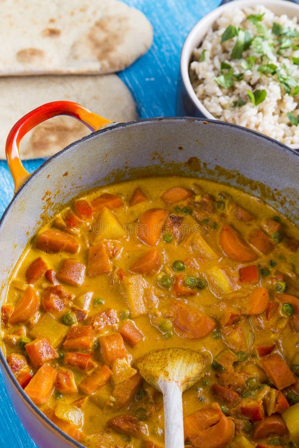Pot of Vegetable Korma Curry with Rice Stock Photo - Image of coriander ...