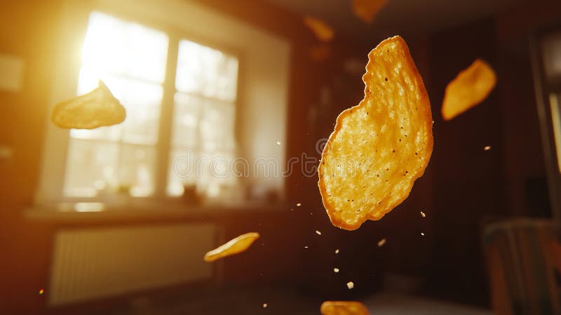 A Potato Chip Falling into the Air in Front of a Window Stock Image ...