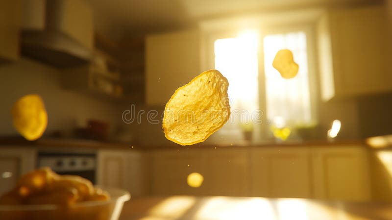 A Potato Chip Flying through the Air Over a Kitchen Counter Stock Image ...