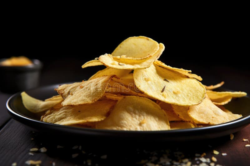 A Potato Chip Pile on a Black Dish Stock Photo - Image of crispy, dish ...
