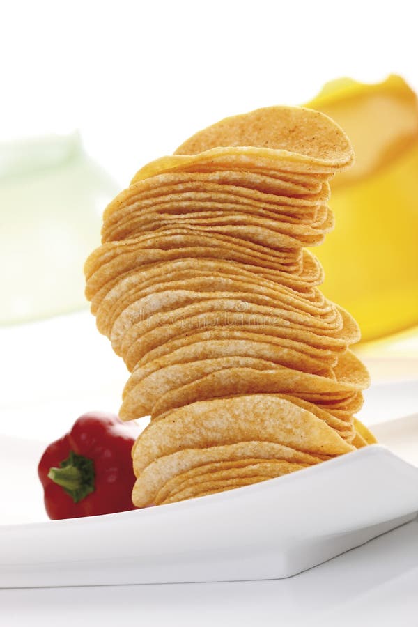 Potato Chips and Bell Pepper on Platter Stock Image - Image of fast ...