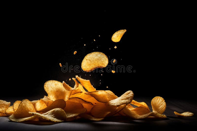 Potato Chips Cascading Downwards with Fine Details in a Low Light ...