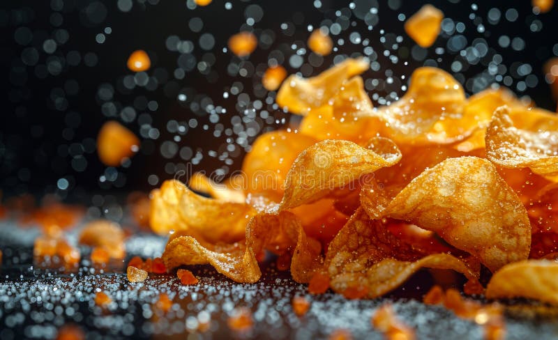 Potato Chips Falling on Black Surface Stock Image - Image of surface ...
