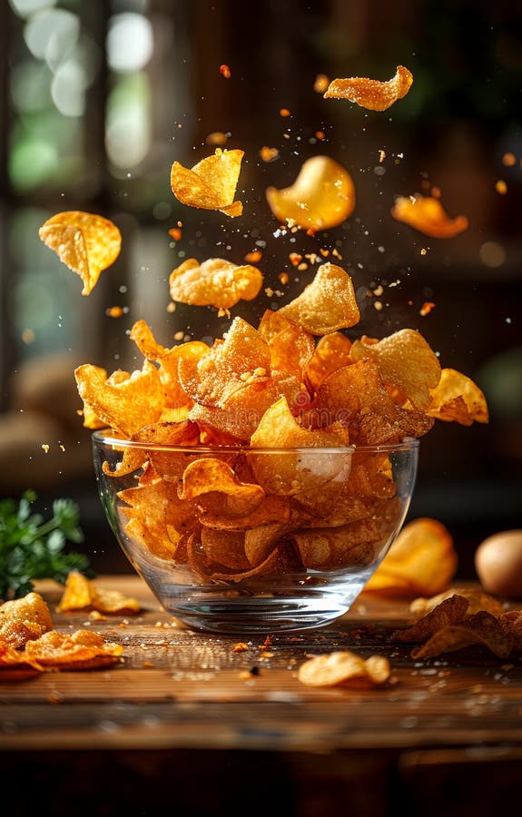 Potato Chips Falling into Bowl Stock Image - Image of fried, appetizer ...