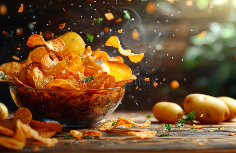 Potato Chips Falling into Bowl with Fresh Vegetables Smoke and Sunlight ...