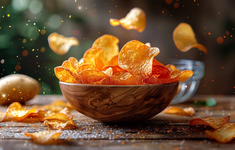Potato Chips Falling in Bowl on Wooden Table Stock Image - Image of ...