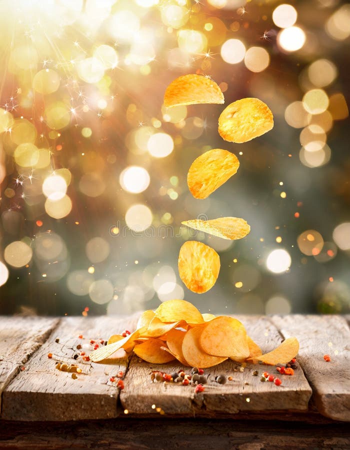 Potato Chips Falling Down on an Old Rustic Wooden Table Stock ...