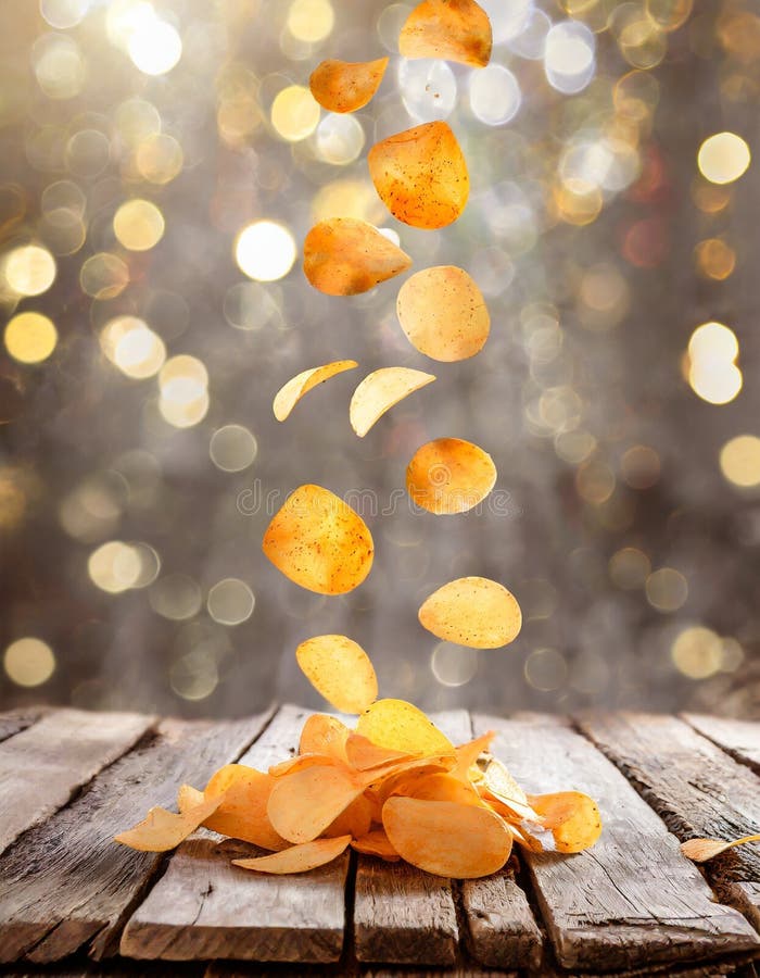 Potato Chips Falling Down on an Old Rustic Wooden Table Stock ...