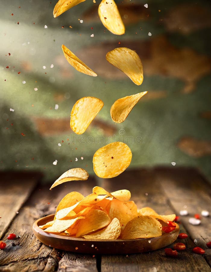 Potato Chips Falling Down on an Old Rustic Wooden Table Stock ...
